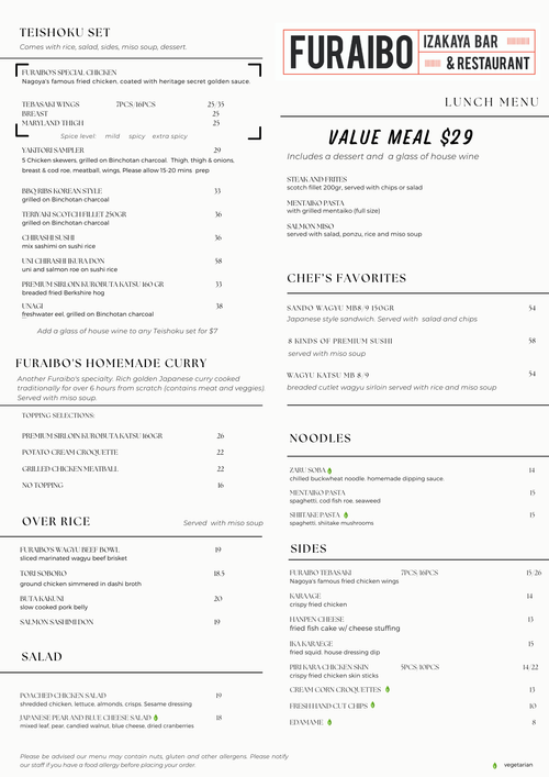 Furaibo Lunch Menu — Furaibo