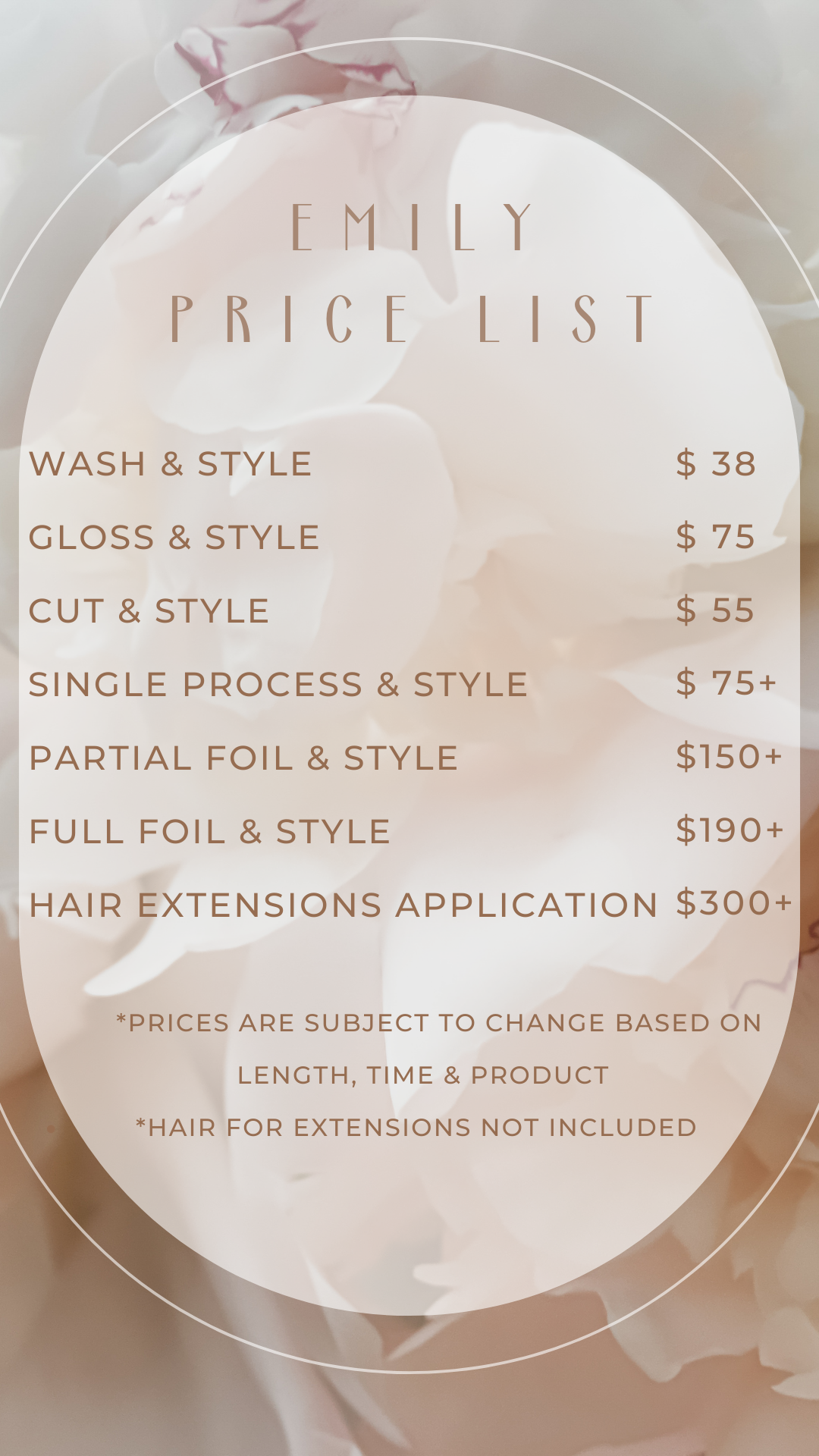 Emily price list — Nurture Salon & Spa Emily price list — Nurture Salon & Spa