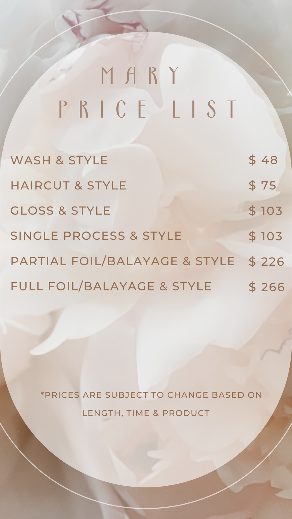 Mary's price list — Nurture Salon & Spa Mary's price list — Nurture Salon & Spa