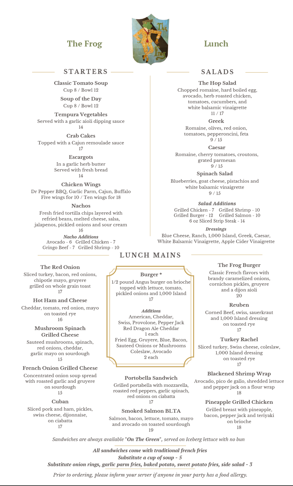 Menu 1 — The Frog Restaurant