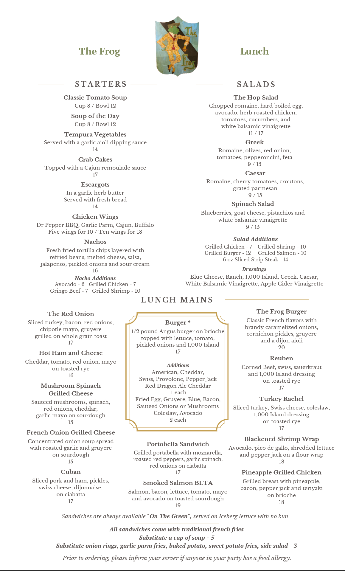 Menu 1 — The Frog Restaurant