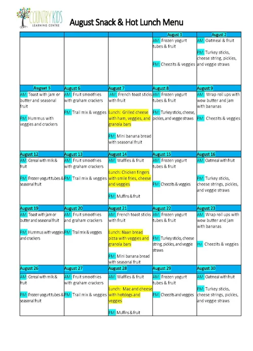 Snacks & Hot Lunch Calendar — Country Kids Learning Centre