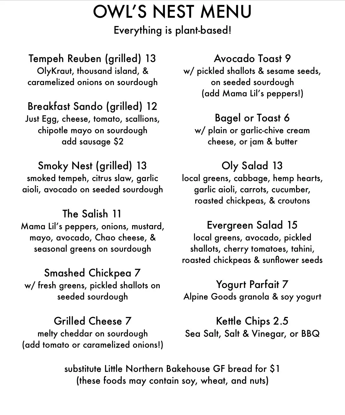 Menu — The Owl's Nest