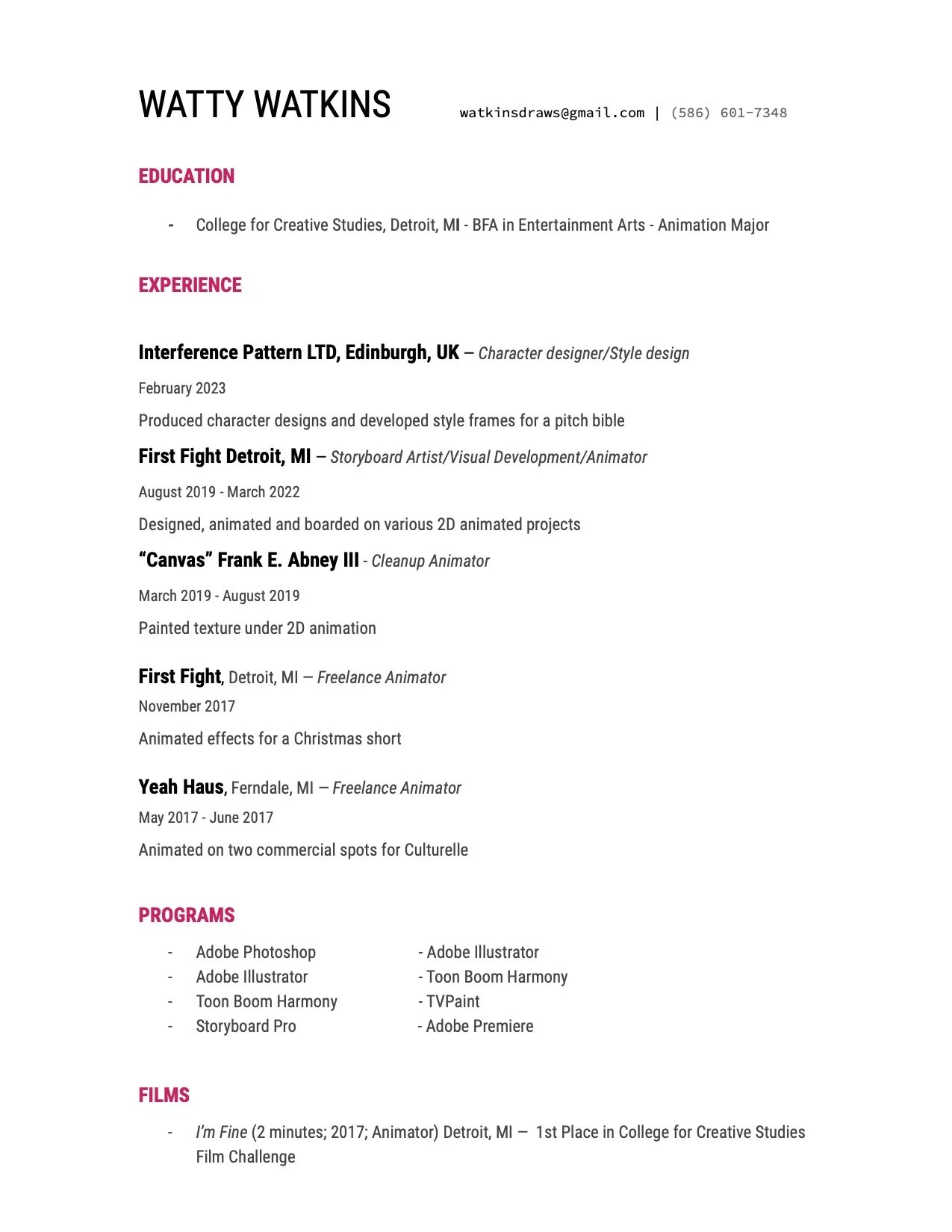 RESUME — ART OF WATTY WATKINS