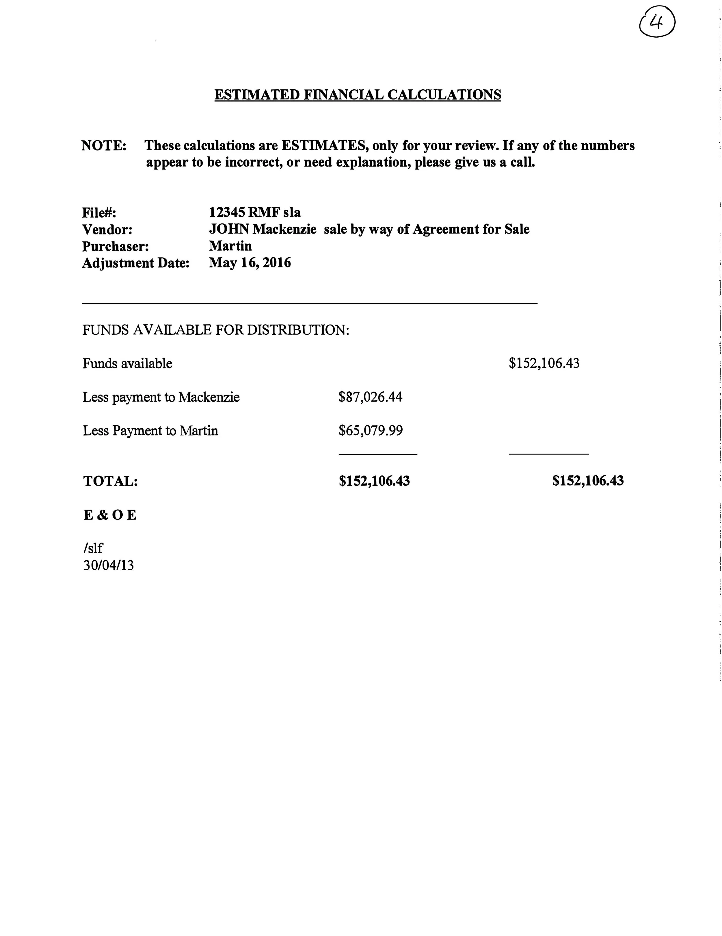 Statement of Sale and Adjustments — Bart Rygal - Mortgage Broker