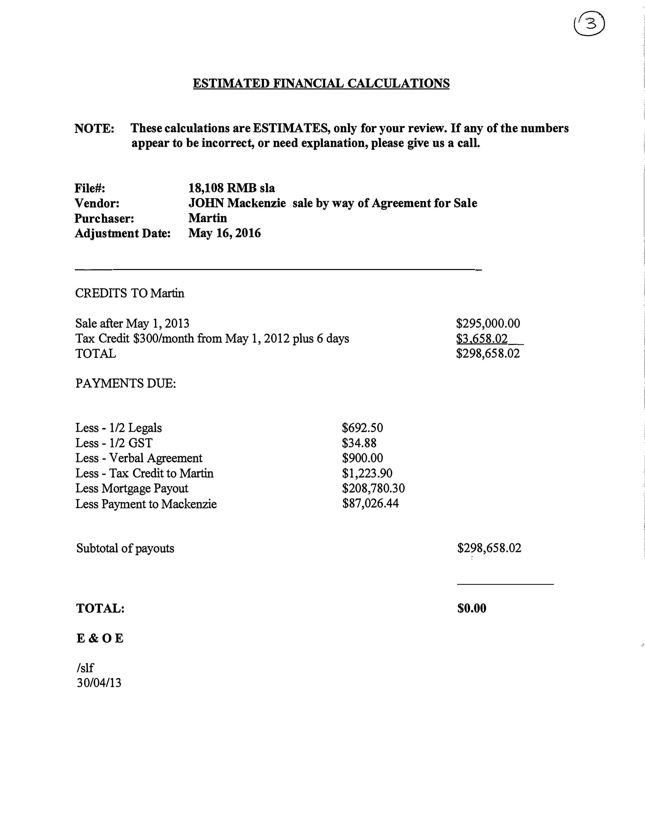 Statement of Sale and Adjustments — Bart Rygal - Mortgage Broker
