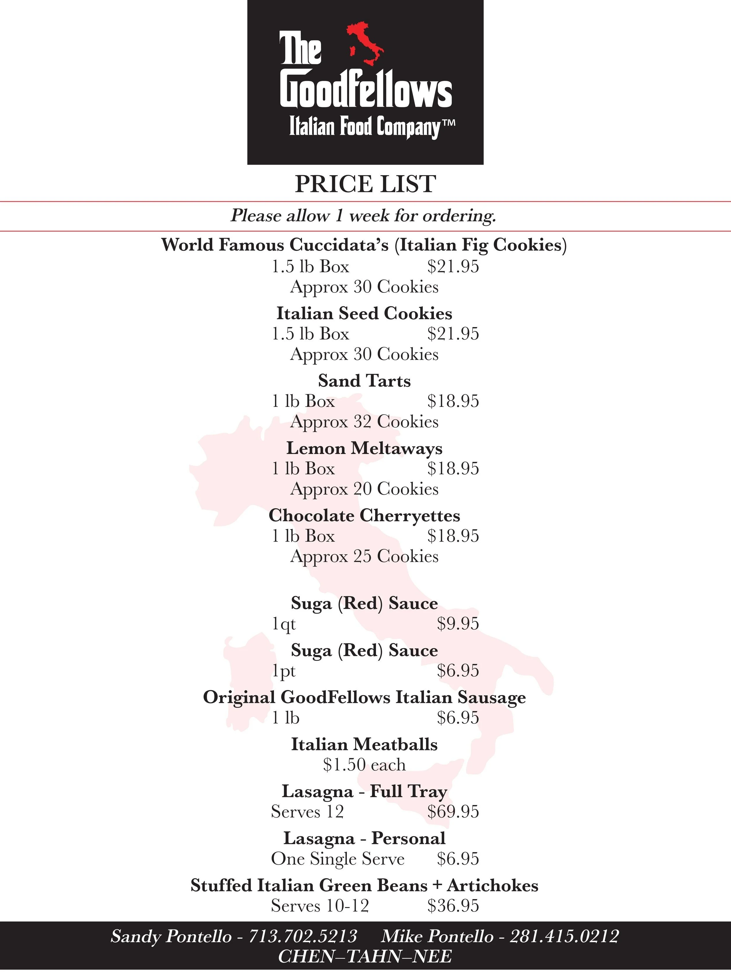 Menu — The Goodfellows Italian Food Company, Inc. tm