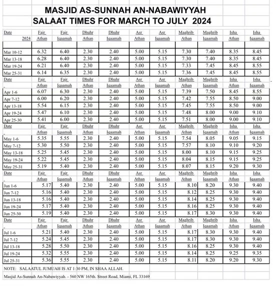 Prayer Times & Lectures | — Masjid As-Sunnah An-Nabawiyyah Miami