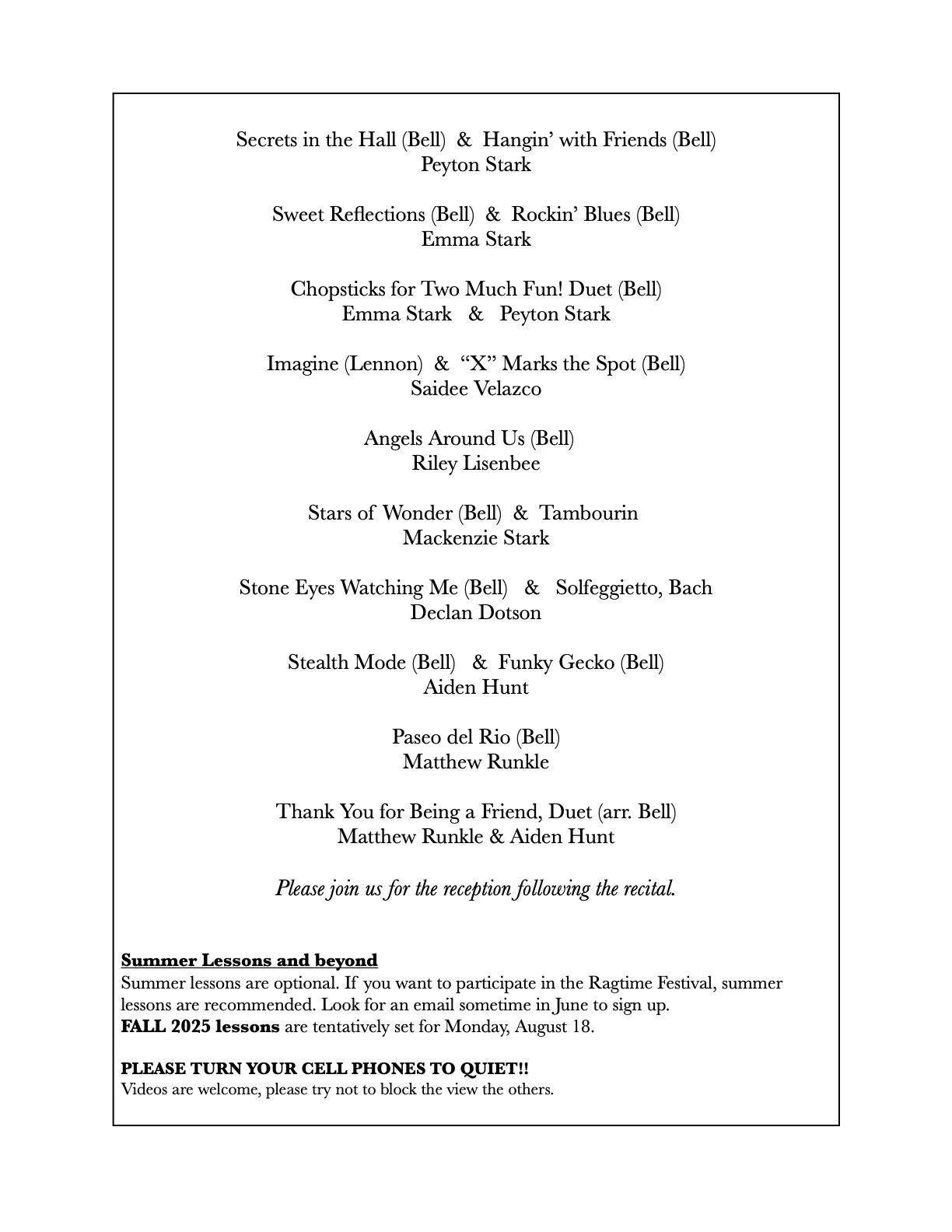 Piano Recital - Compliment Corner — Susan Staples Bell Music. Piano ...