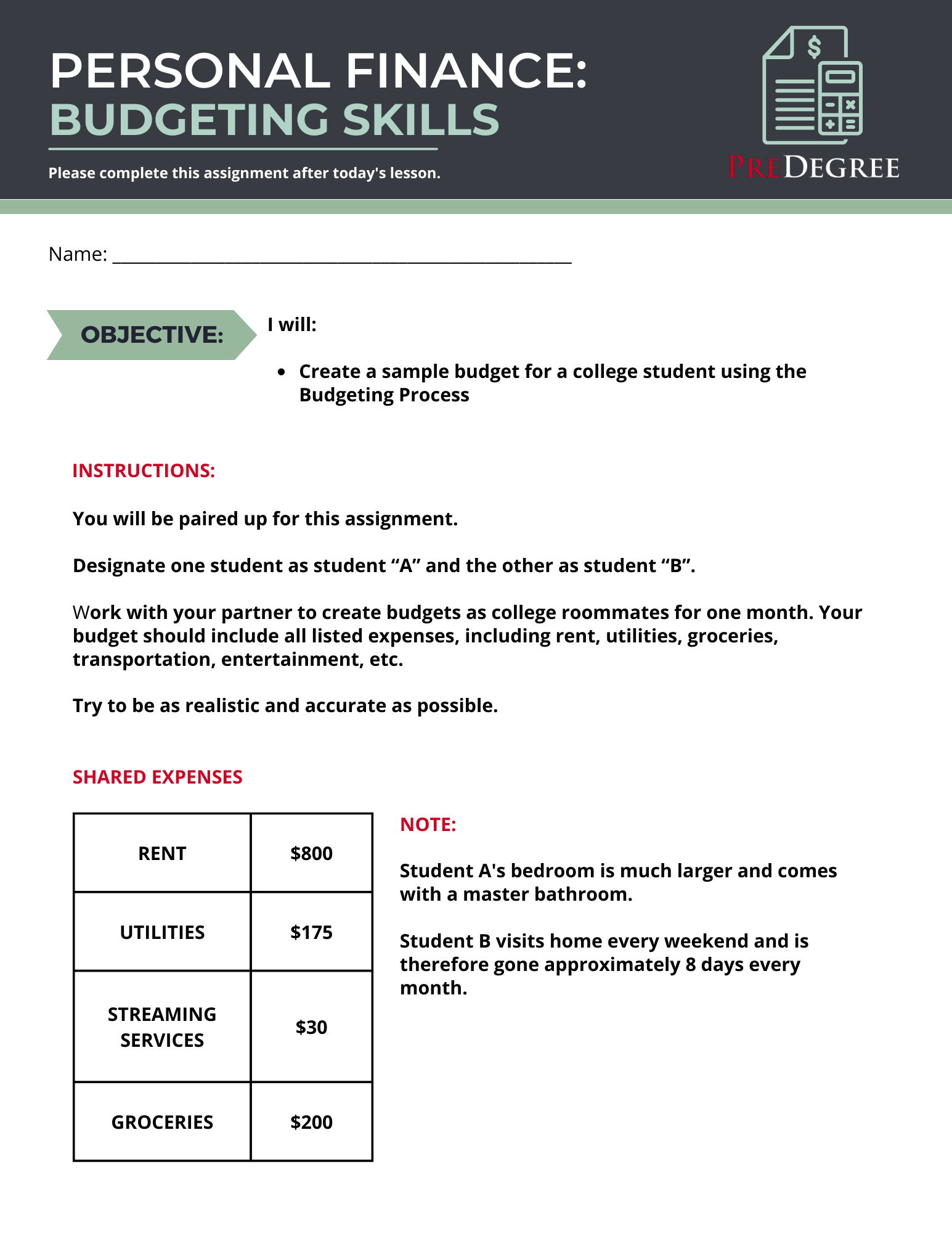 Budgeting Skills Lesson — PREDEGREE