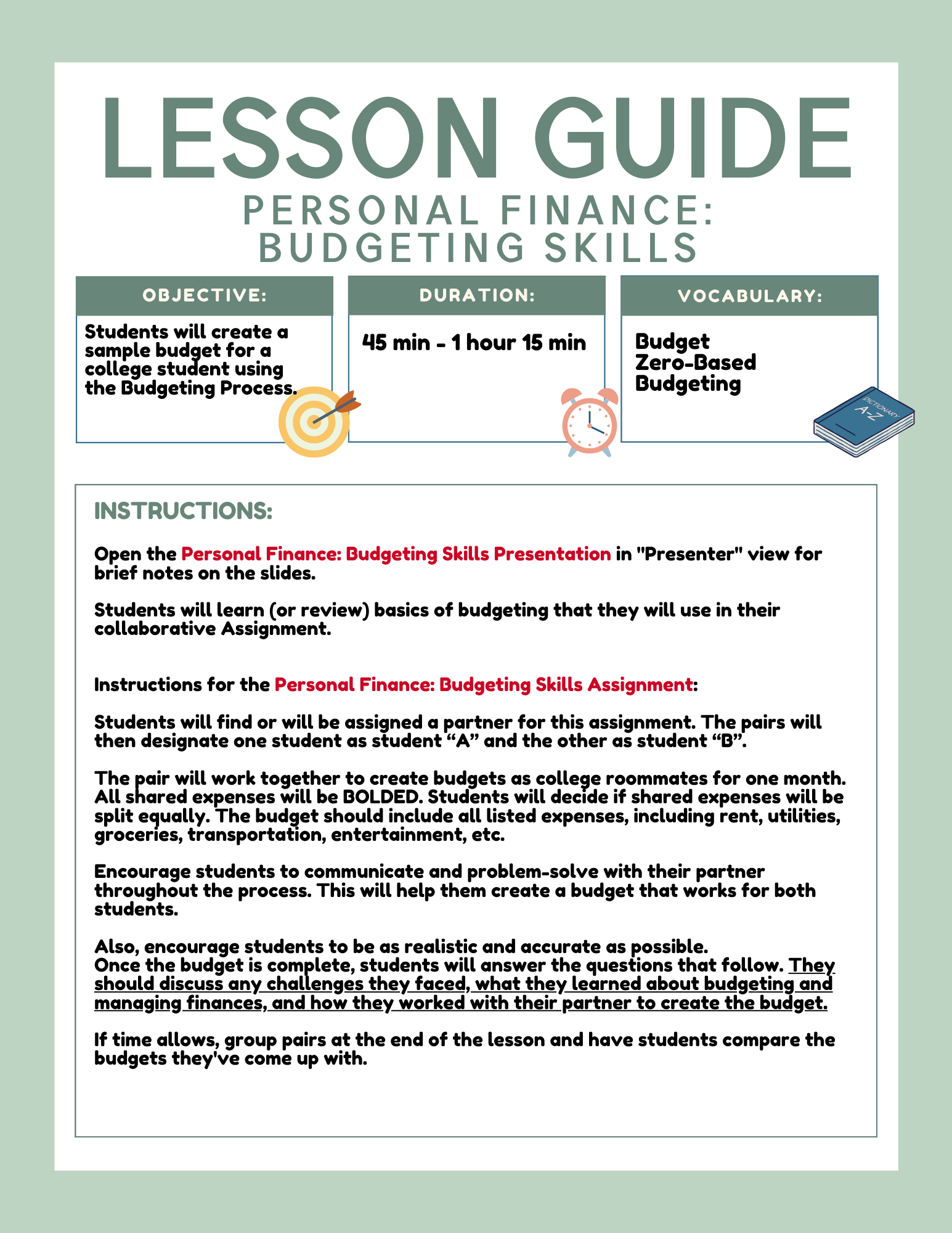 Budgeting Skills Lesson — PREDEGREE