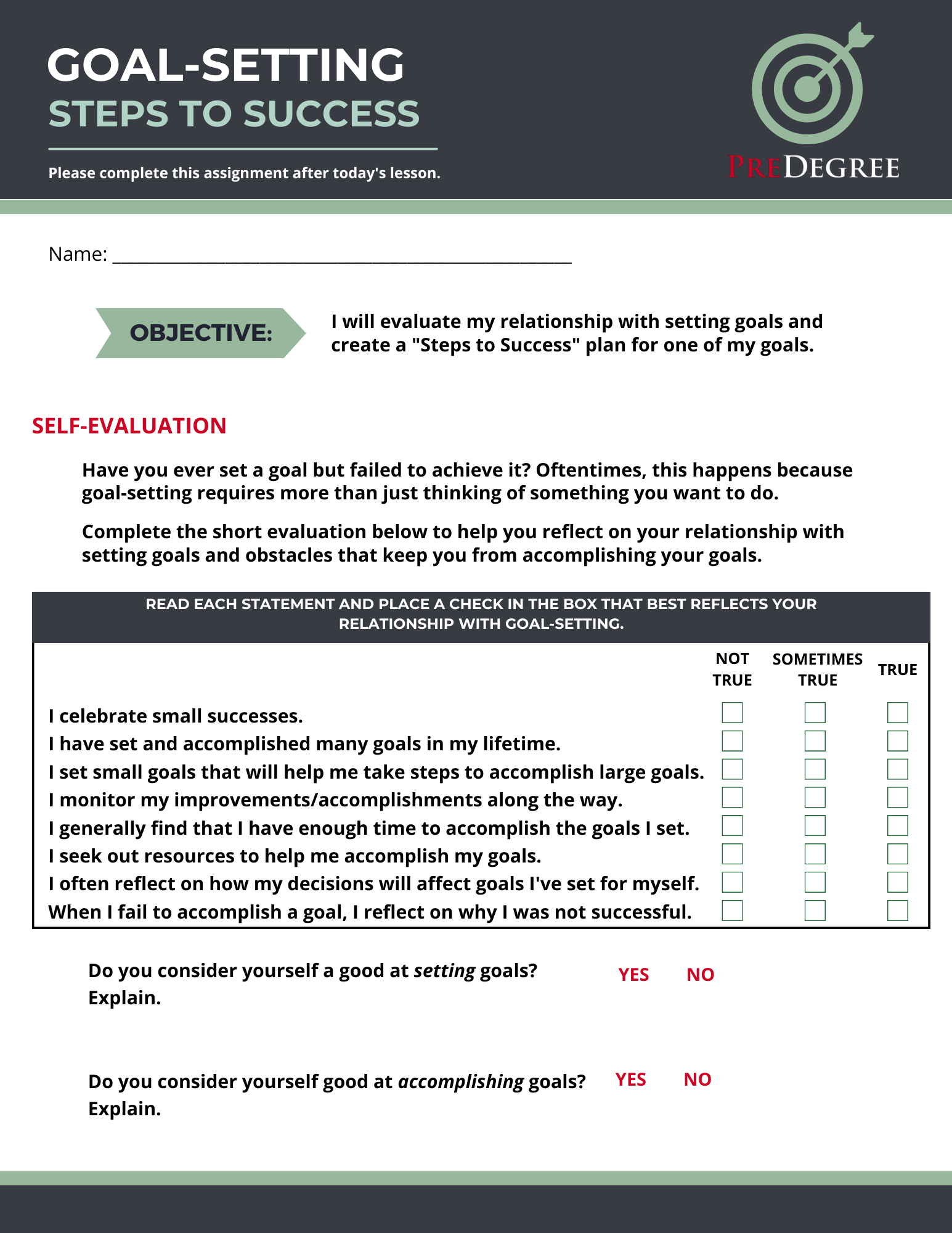 Goal Setting Lesson — PREDEGREE