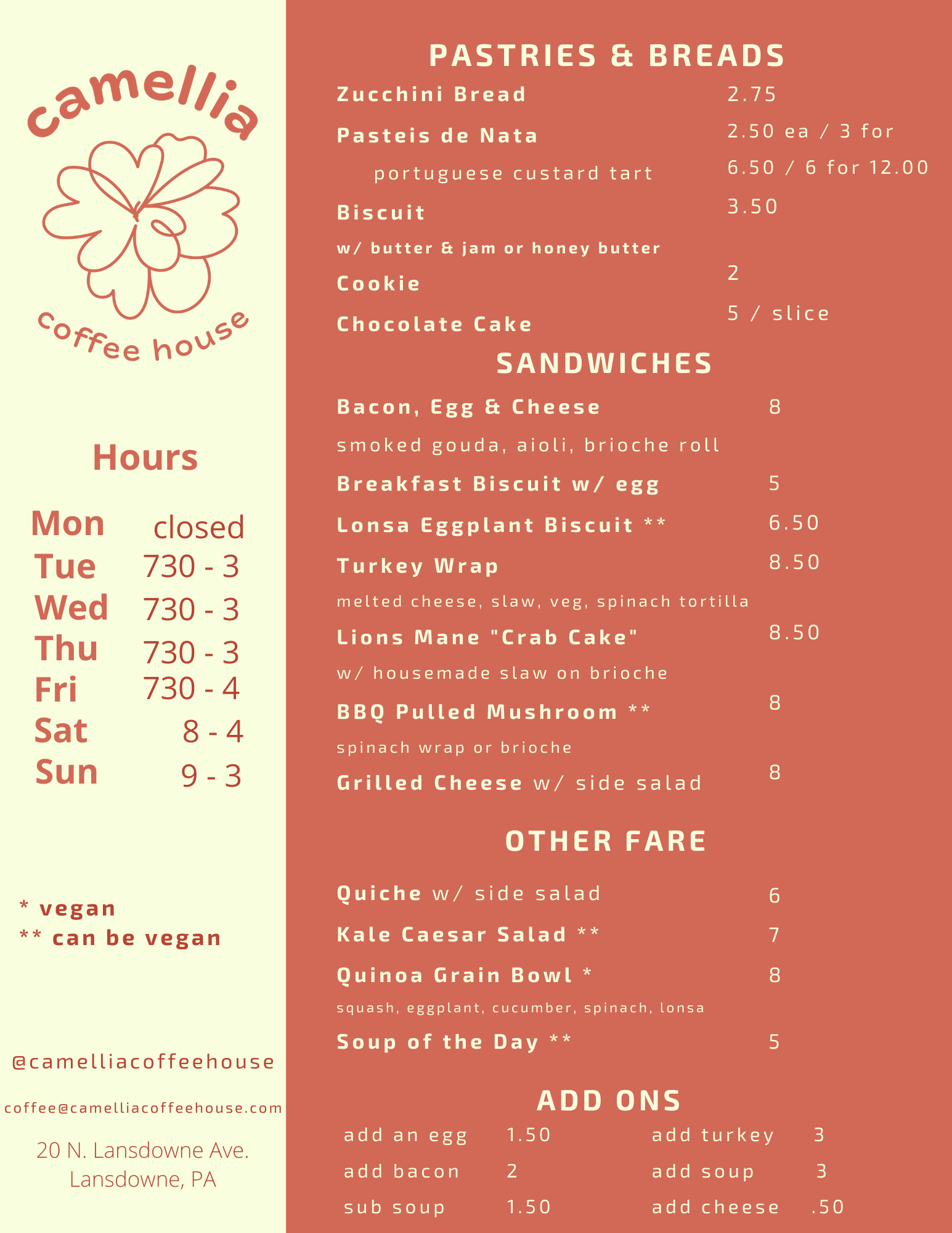 Menu — Camellia Coffee House