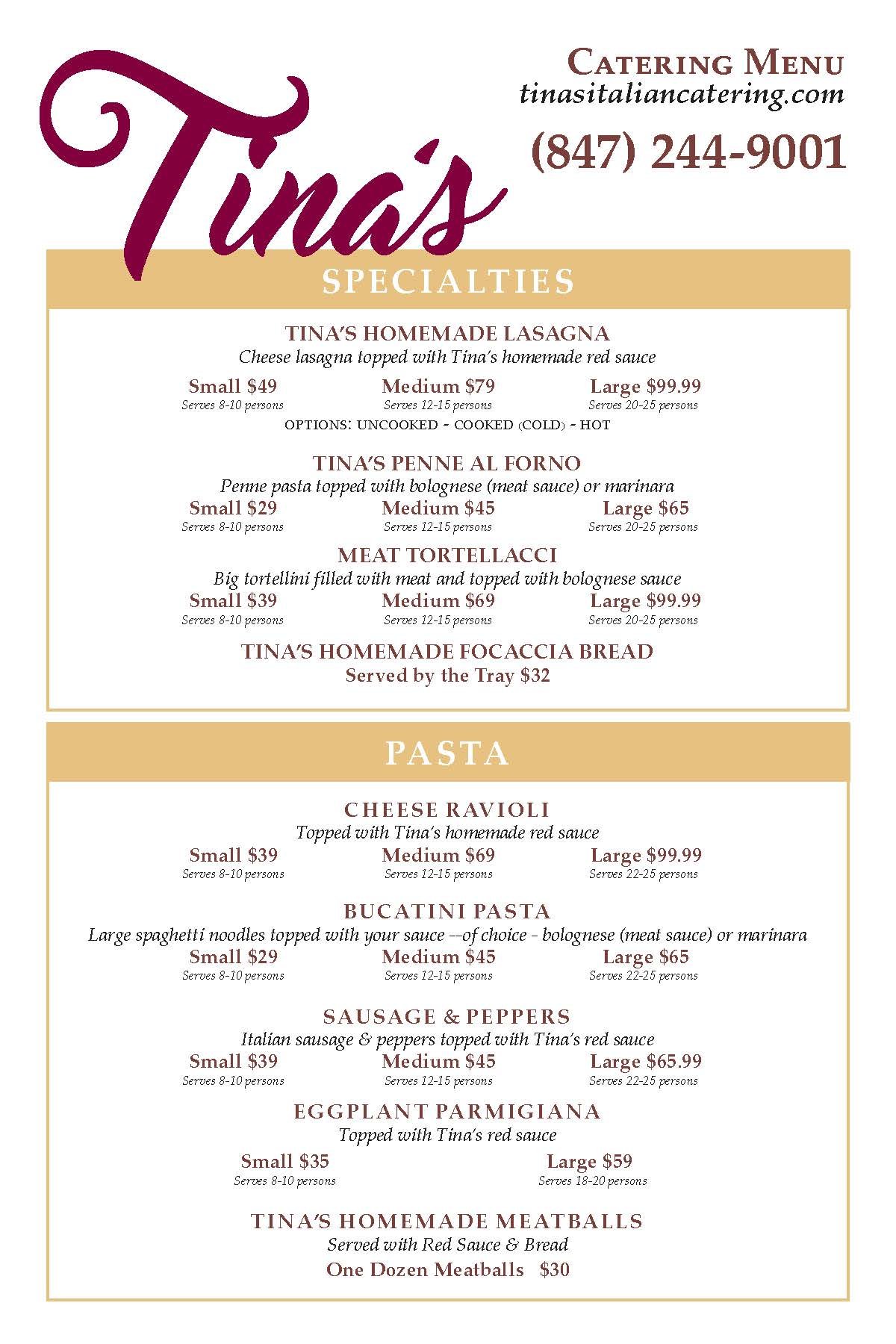 Catering Menu — Tina's Italian Cafe & Catering
