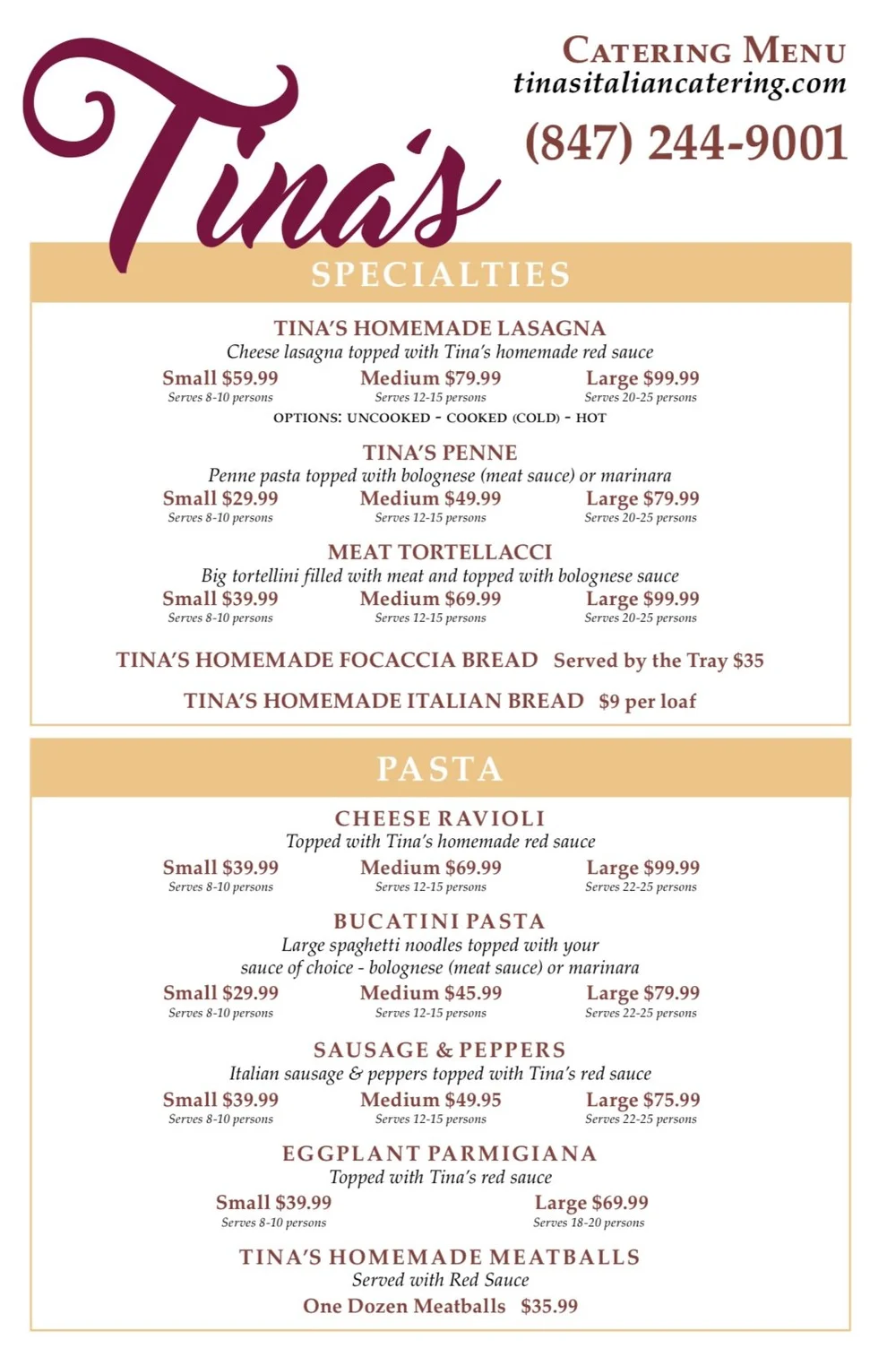 Catering Menu — Tina's Italian Cafe & Catering