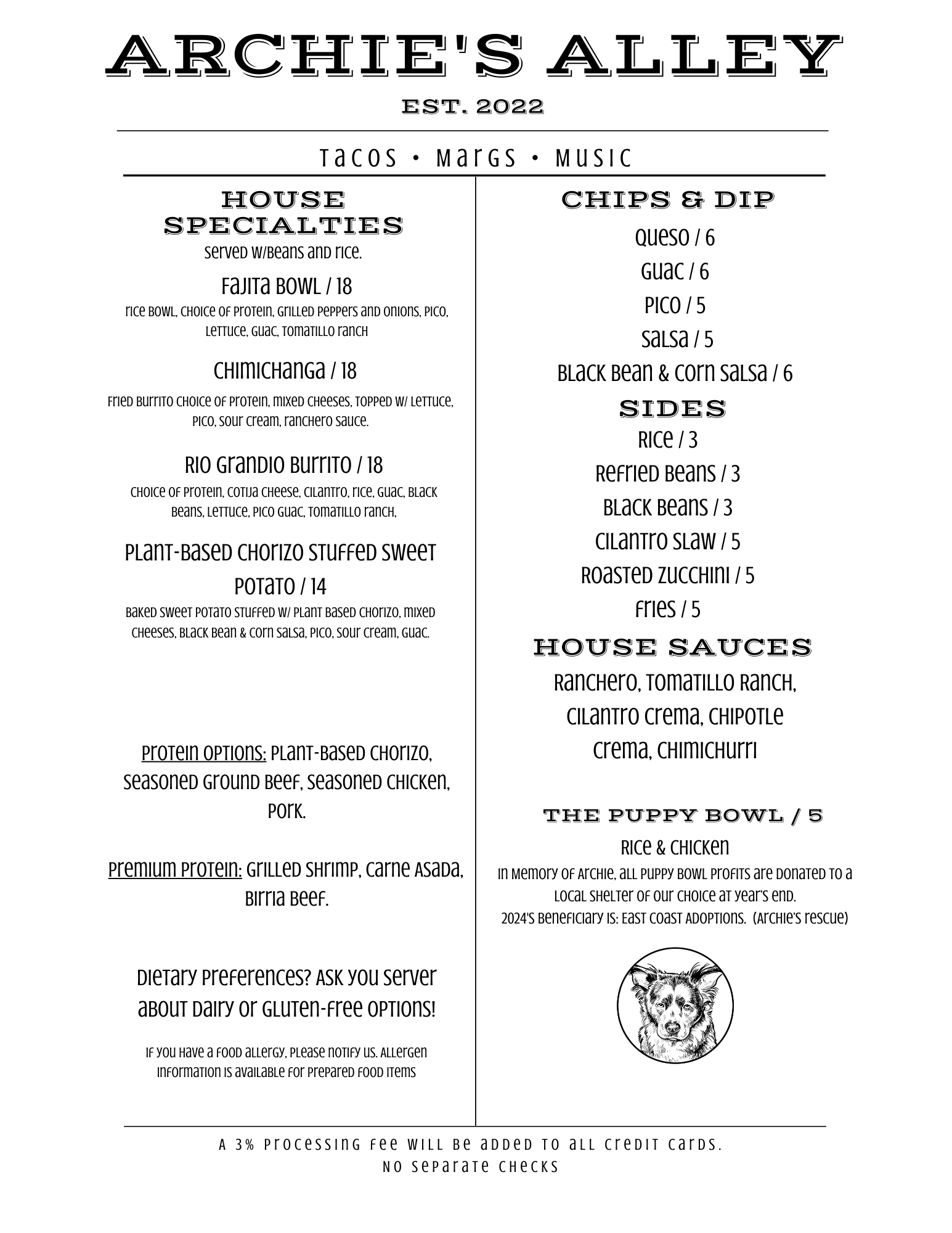 MENU — Archie's Alley