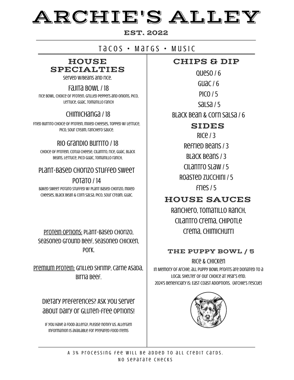 MENU — Archie's Alley