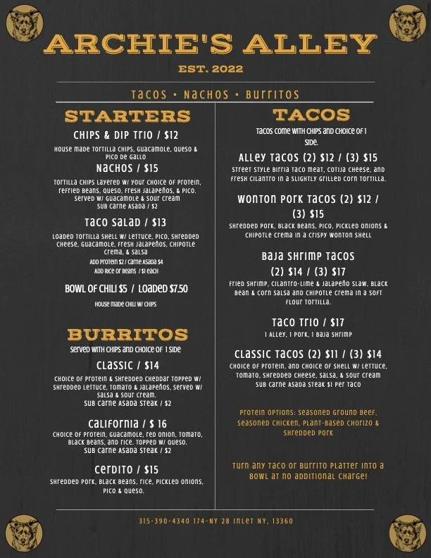 MENU — Archie's Alley