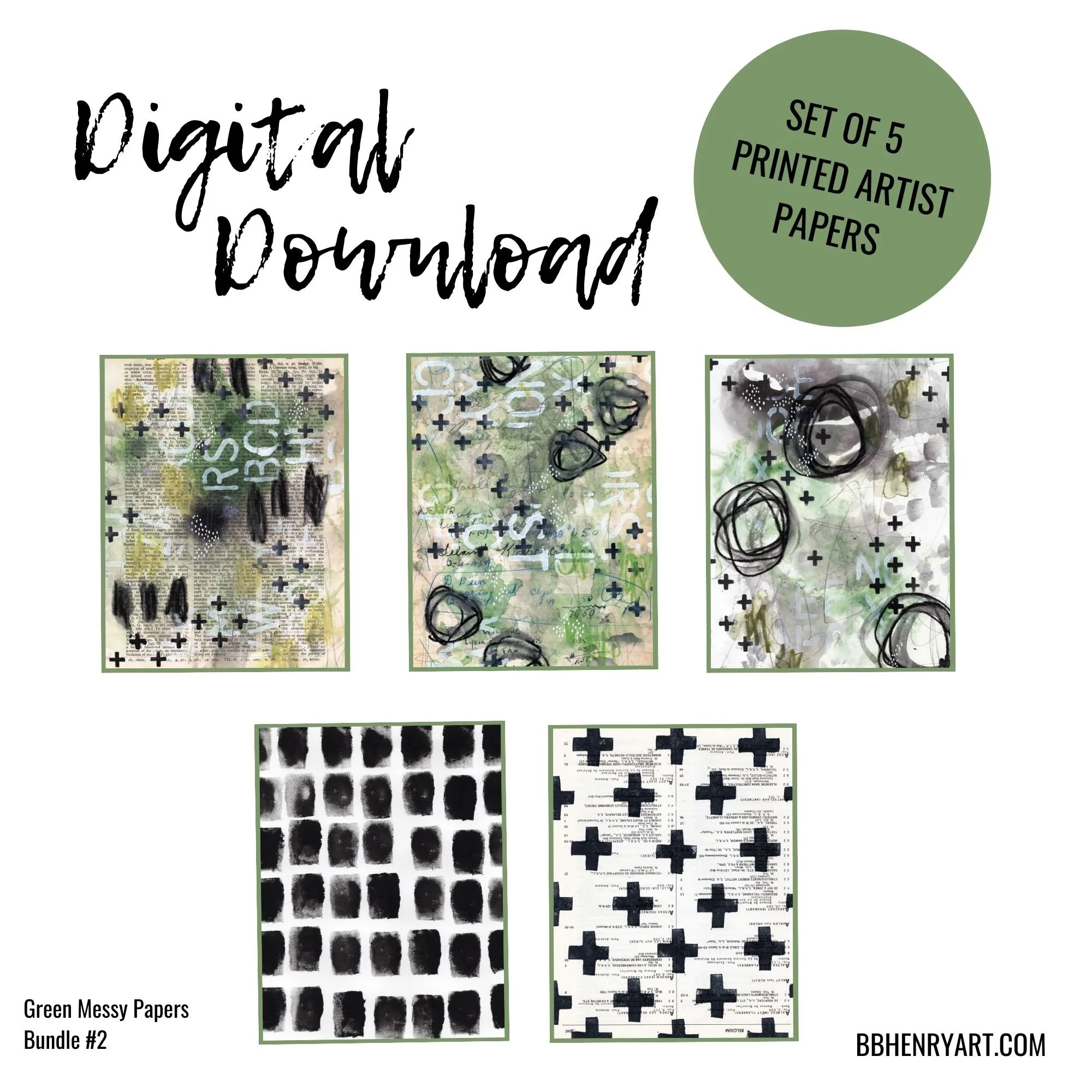 Green Messy Inky Artist Papers DIGITAL DOWNLOAD Set 2 — BB Henry Art
