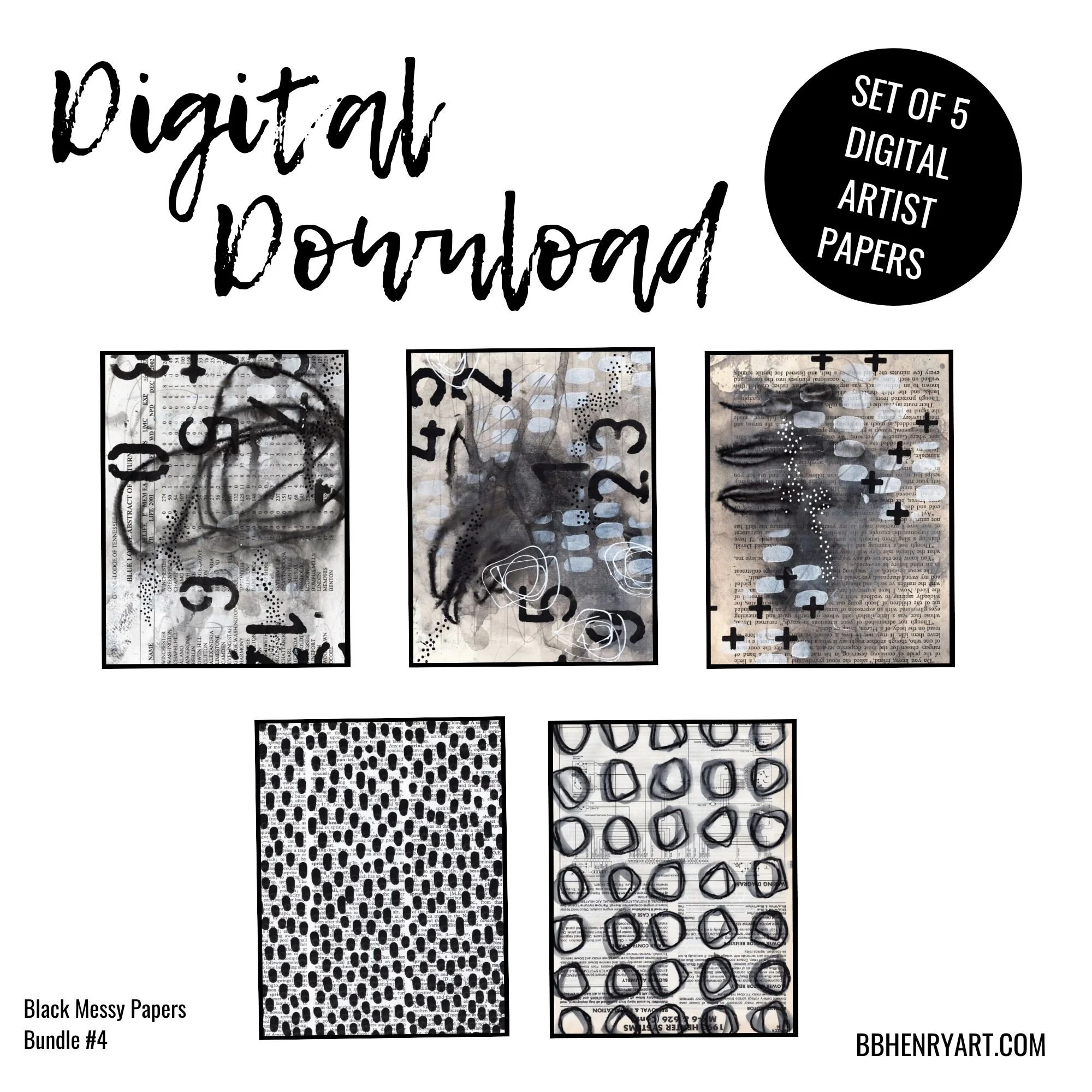 Black Messy Inky Artist Papers DIGITAL DOWNLOAD Set 4 — BB Henry Art