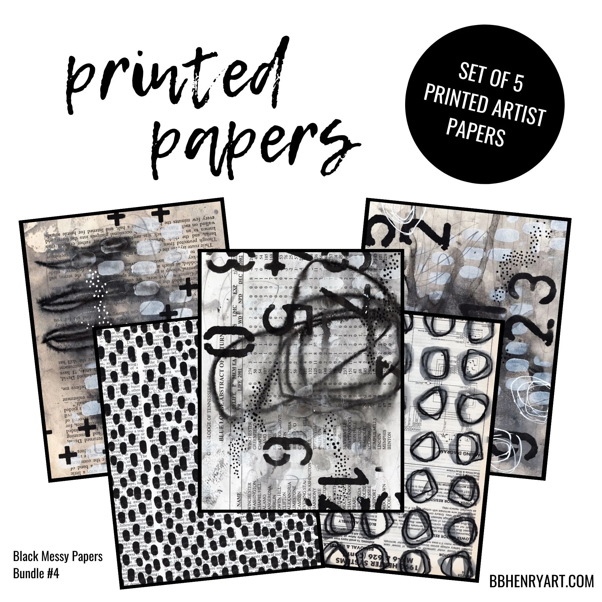 Black Messy Inky Artist Papers DIGITAL DOWNLOAD Set 4 — BB Henry Art