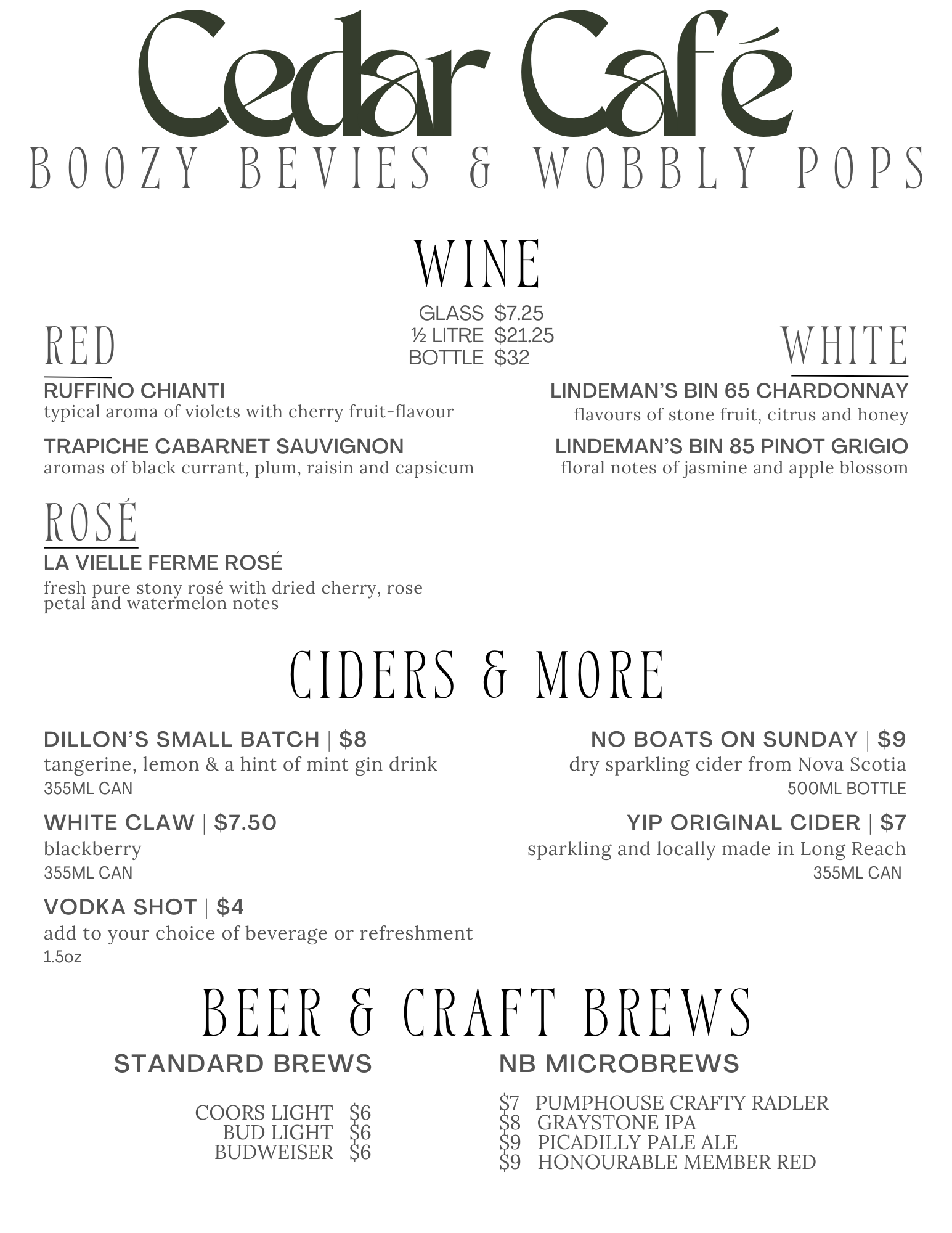 Cedar Café Menu — Corn Hill Nursery