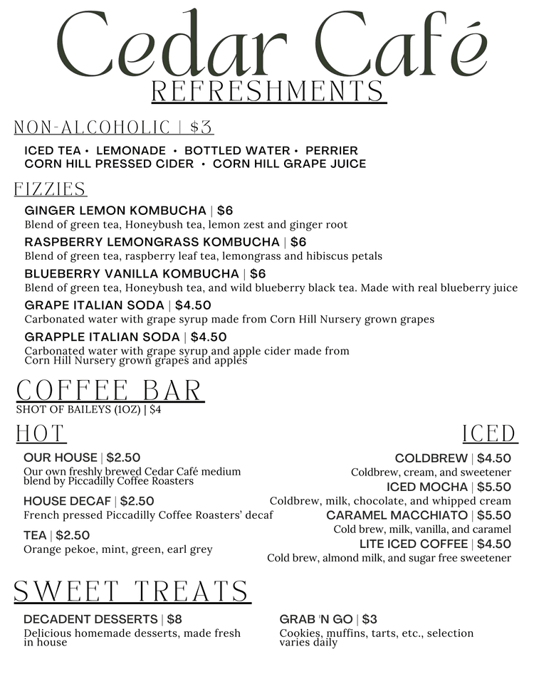 Cedar Café Menu — Corn Hill Nursery
