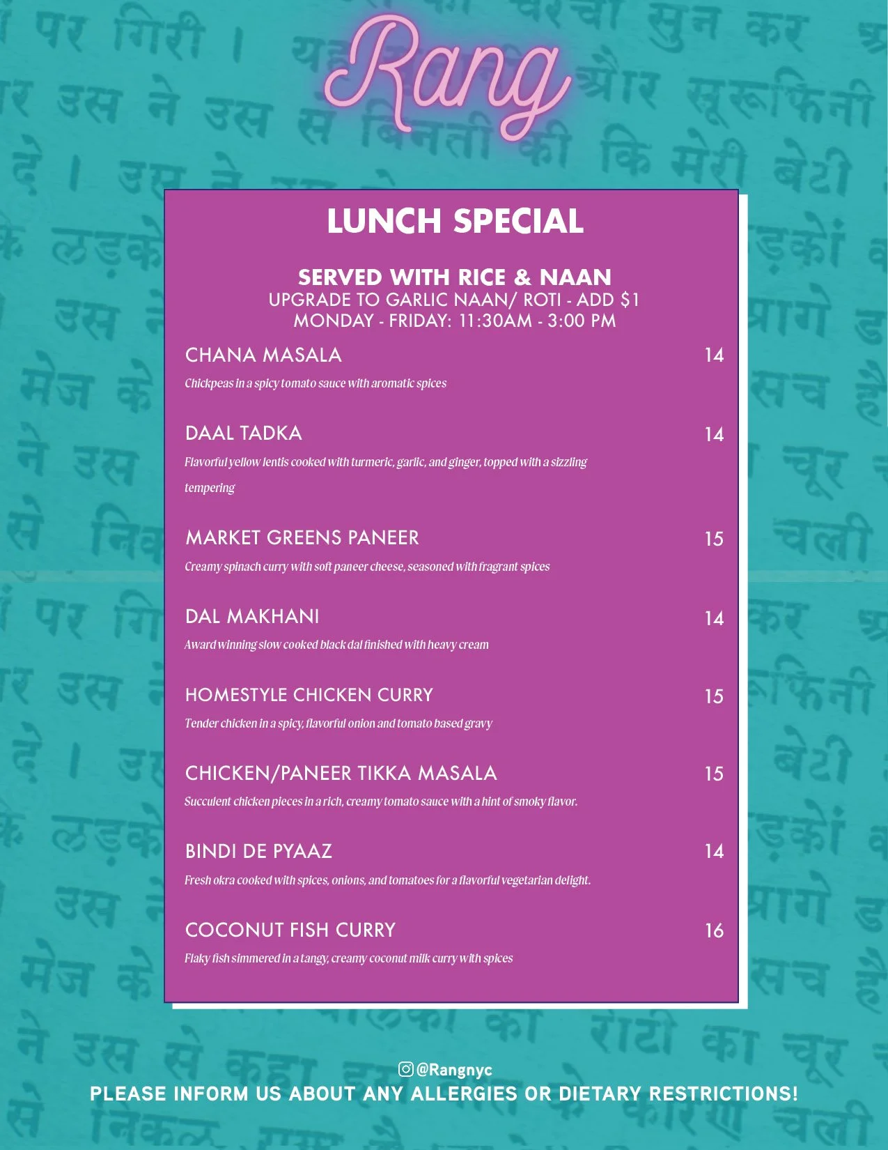 Menus — Rang | Cocktails & Tapas Bar