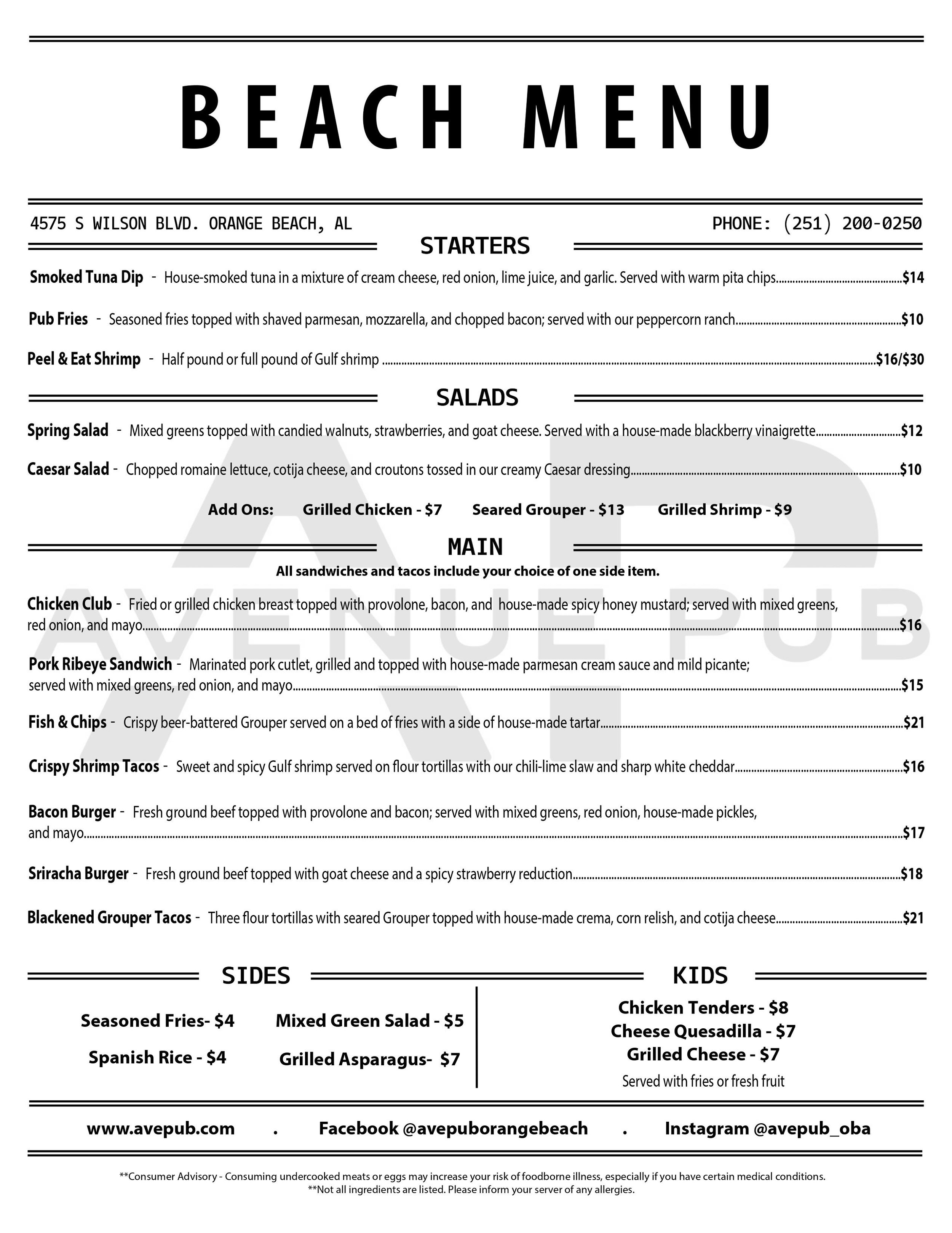 Pub Menu