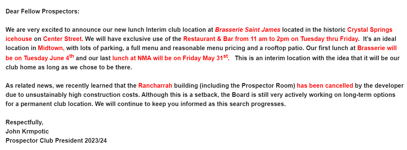 The Prospectors’ Club Tumbles to a New Location — Picon Press Media