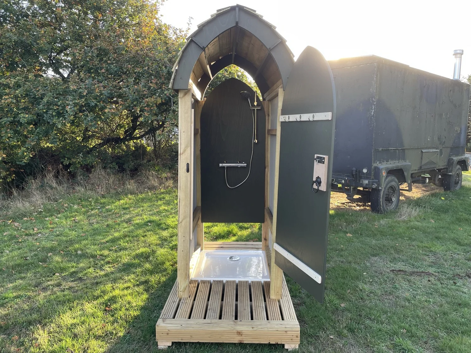Outdoor hot shower for glamping camping or events - just add cold water ...