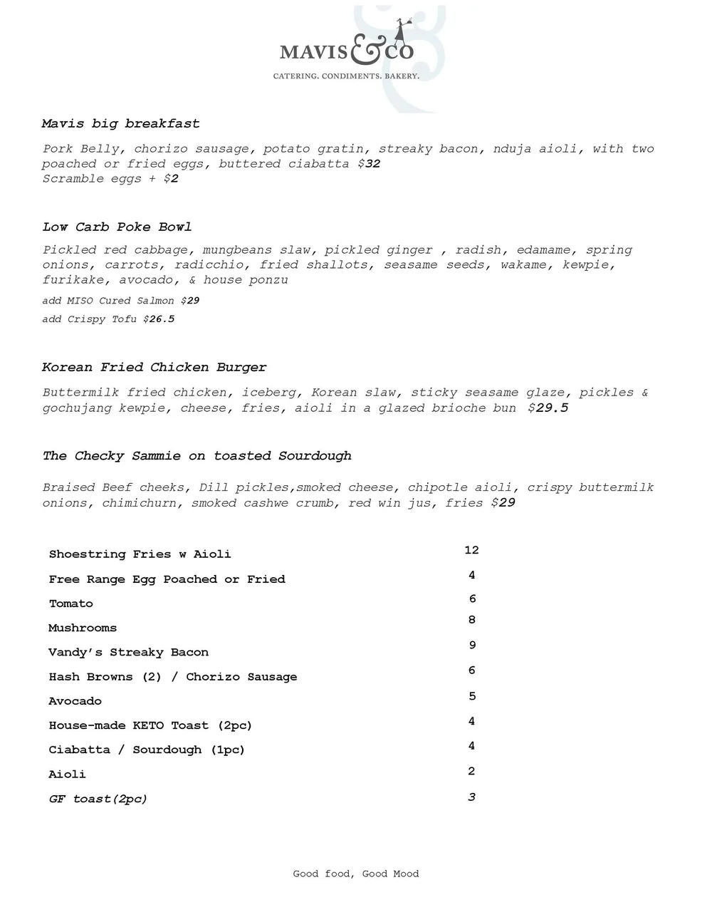 Hamilton East Menu — MAVIS & Co