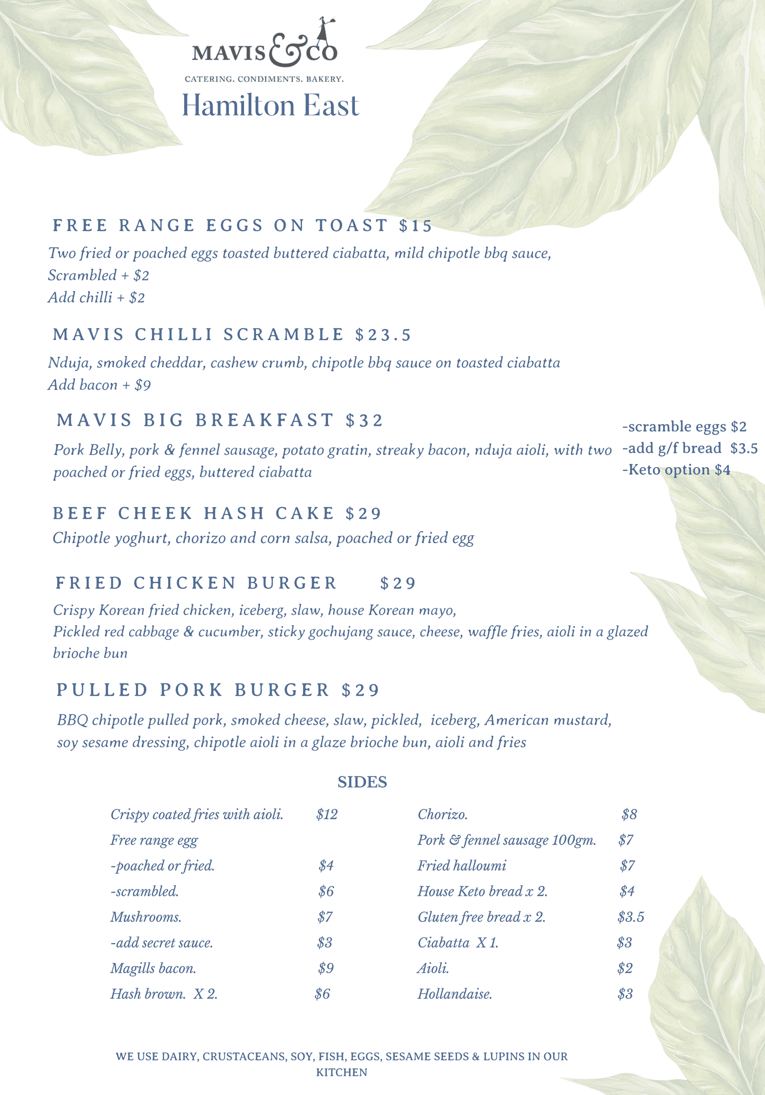 Hamilton East Menu — MAVIS & Co