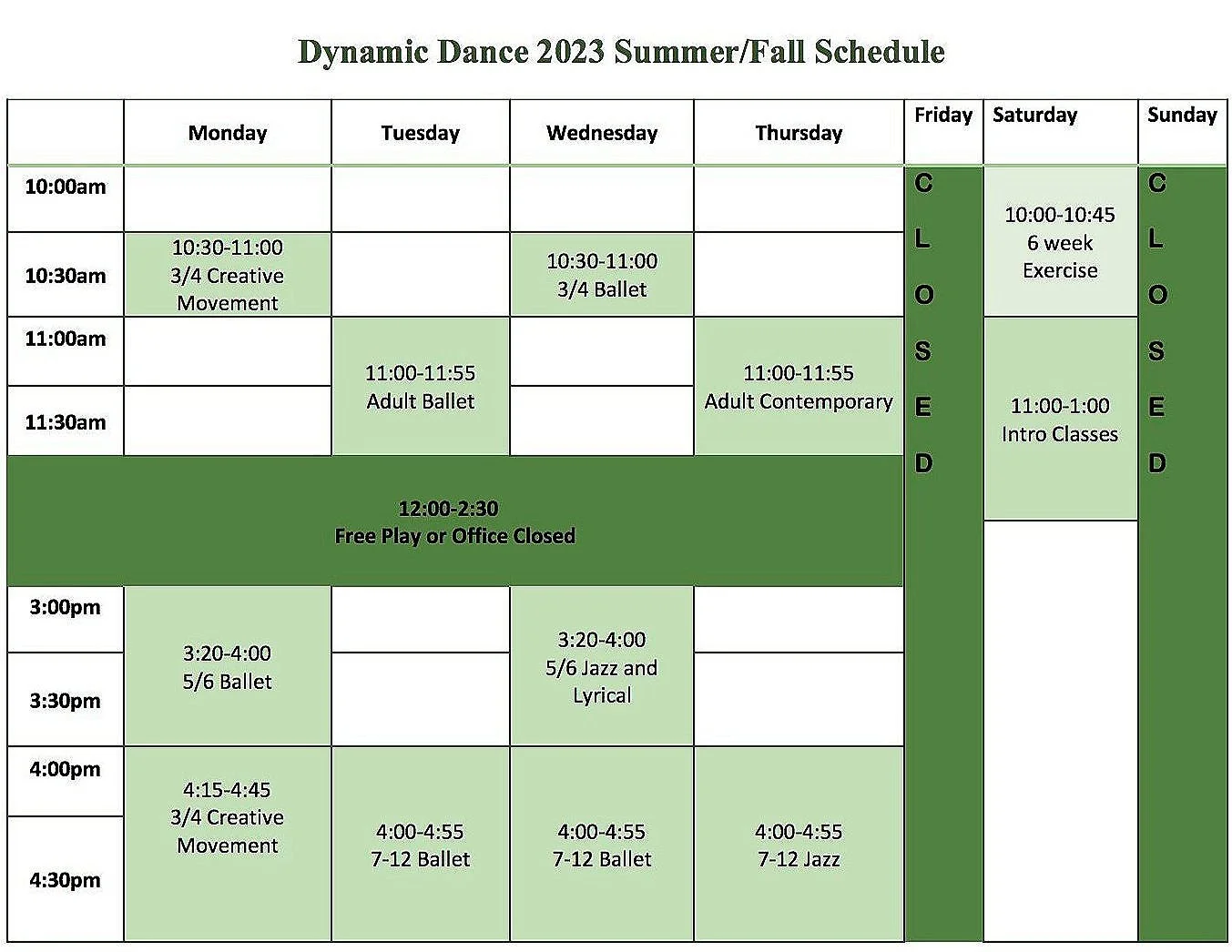 Class Schedule — Dynamic Dance Academy