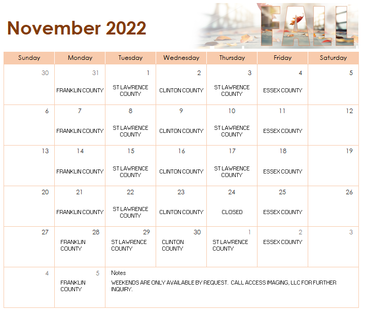 Scheduling Calendar — Access Imaging | Mobile Ultrasound