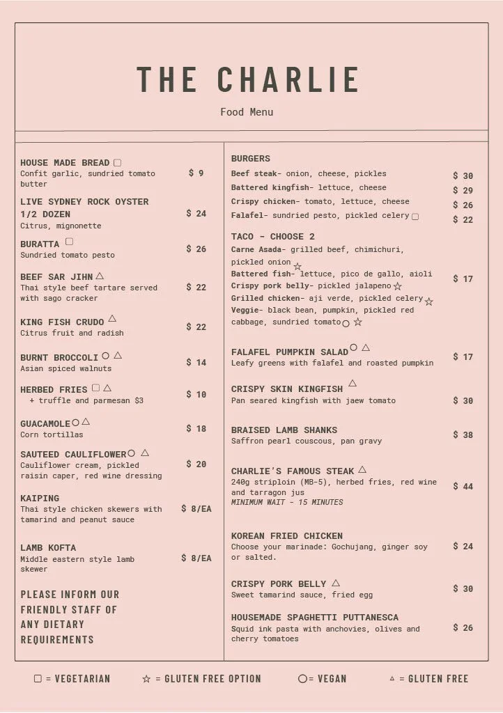 À La Carte Menu — The Charlie Glebe