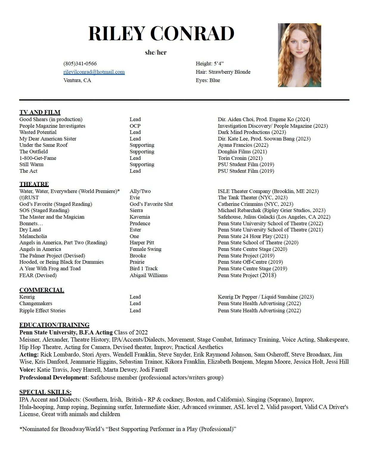 HEADSHOT & RESUME — RILEY CONRAD