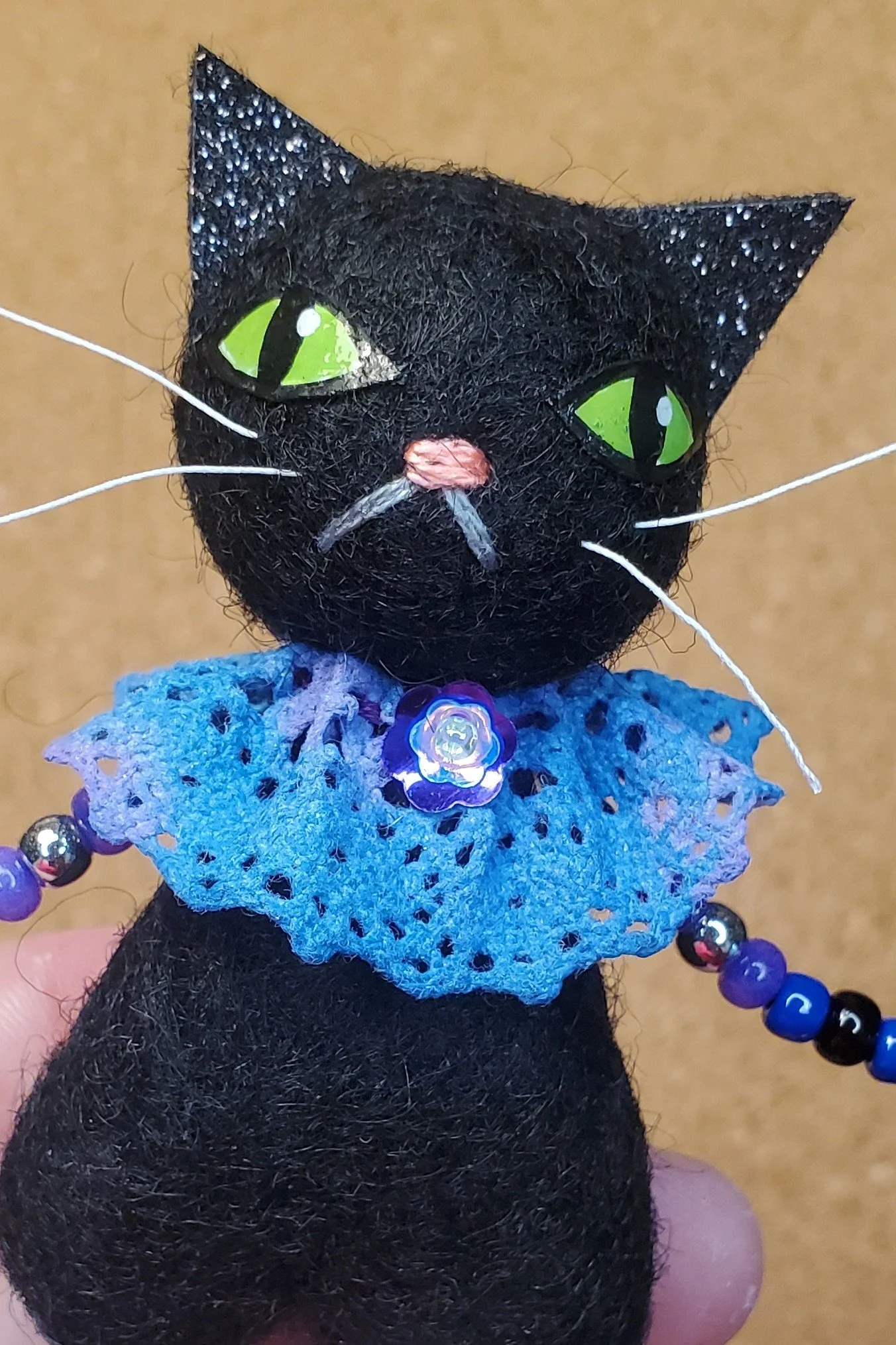 Handmade OOAK Halloween Black Cat Doll/Decoration with beaded arms, legs, and tail, wearing ...