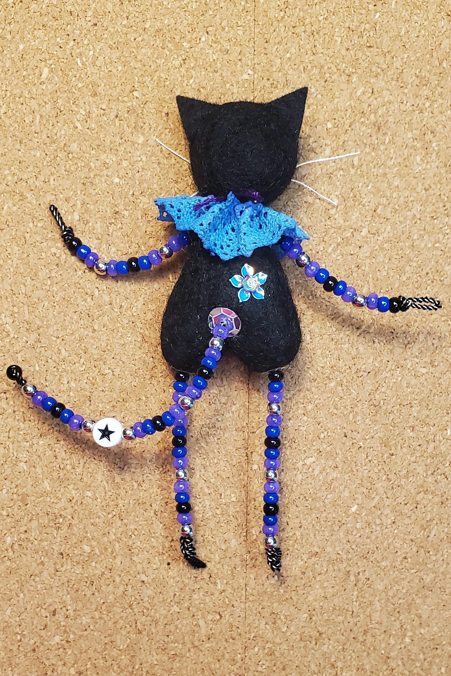 Handmade OOAK Halloween Black Cat Doll/Decoration with beaded arms, legs, and tail, wearing ...