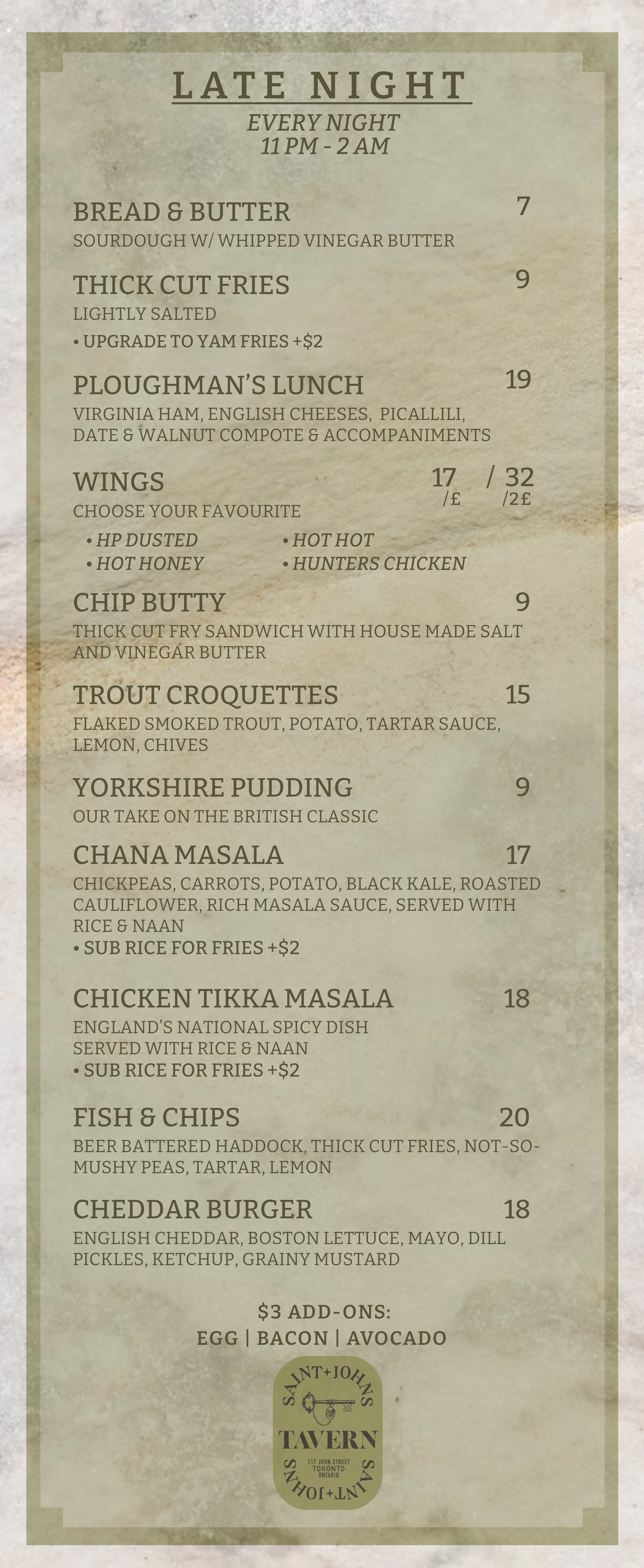 FOOD — SAINT JOHN'S TAVERN