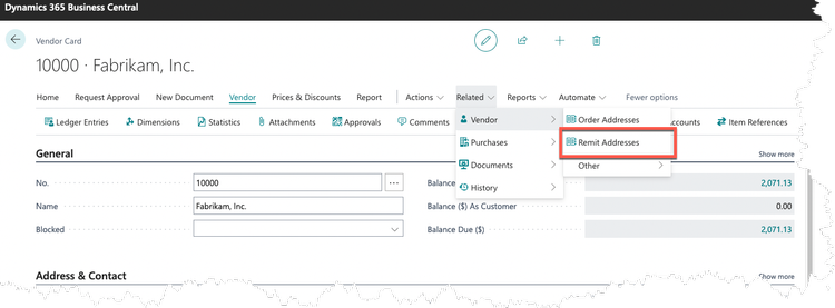 Business Central (V21) - Multiple Remit-to Addresses for Vendors — matalino