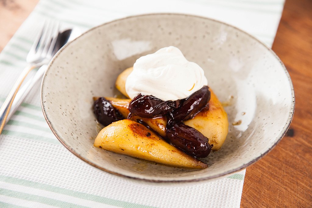 Caramelised Pears, Armagnac Cream & Date Compote — Everyday Gourmet
