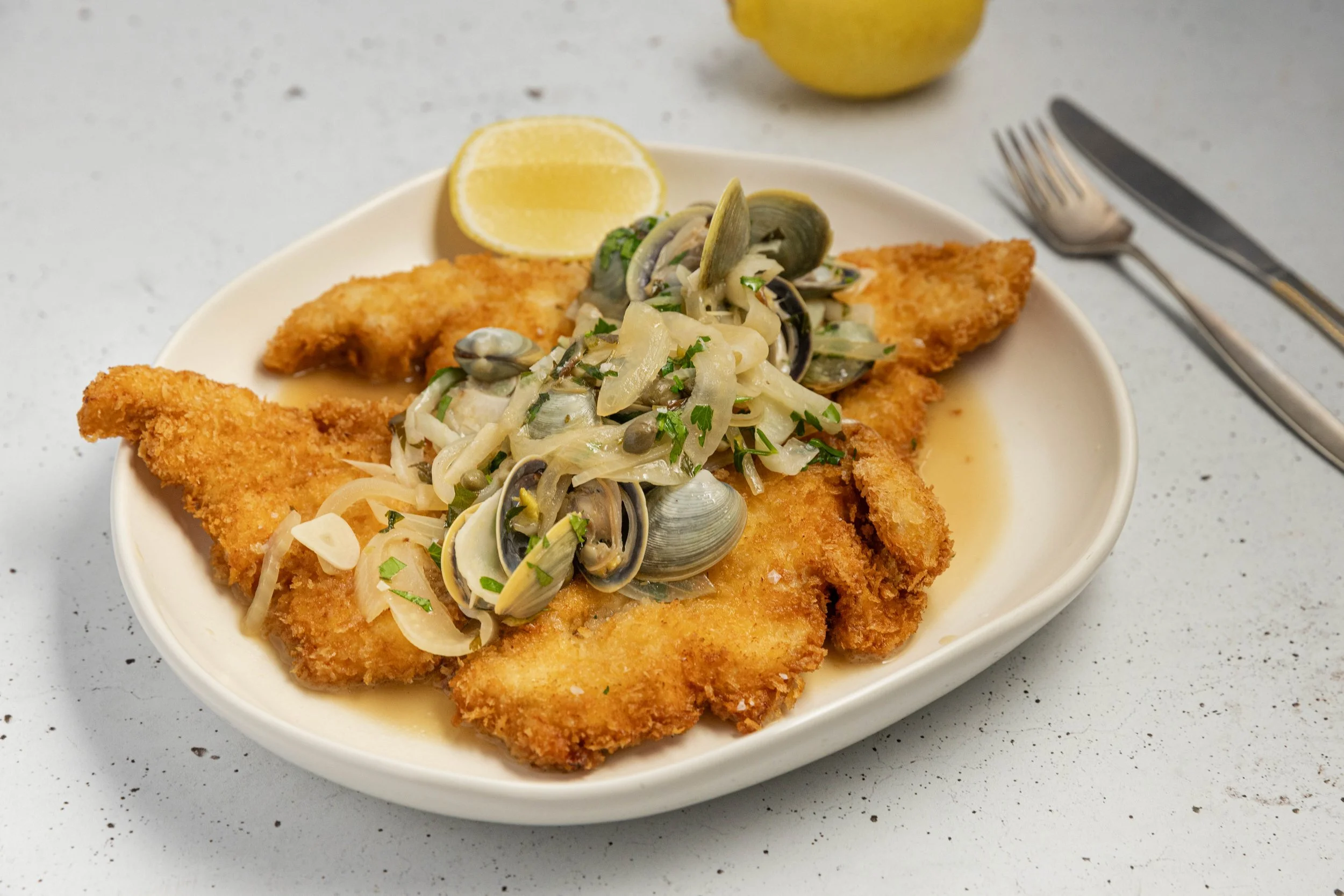 Swordfish Schnitzel with Clams — Everyday Gourmet