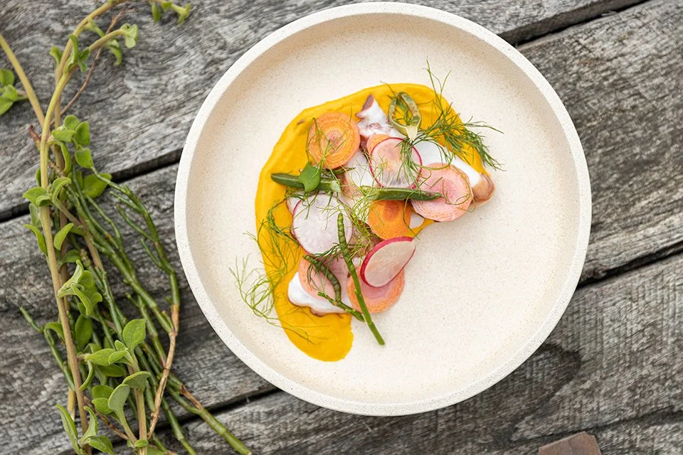 Pickled Octopus with Carrot Puree & Coastal Greens — Everyday Gourmet