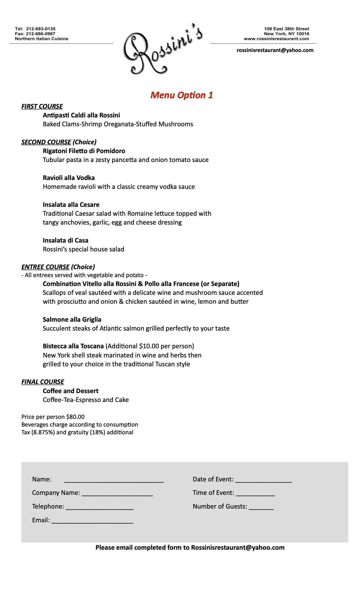 Party Menus — Rossini's