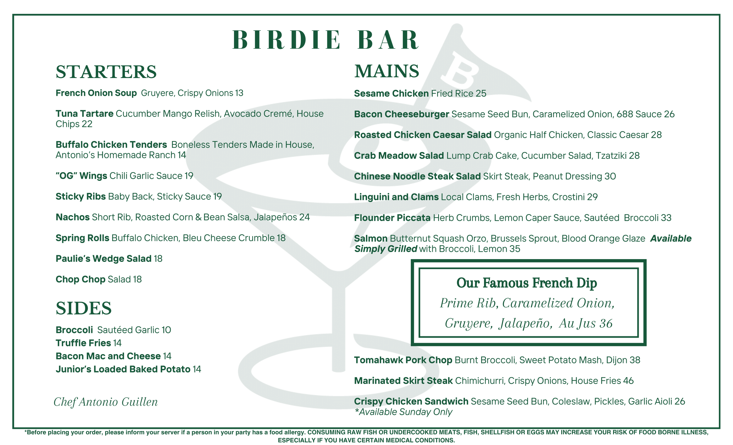 Menus — Birdie Bar New York