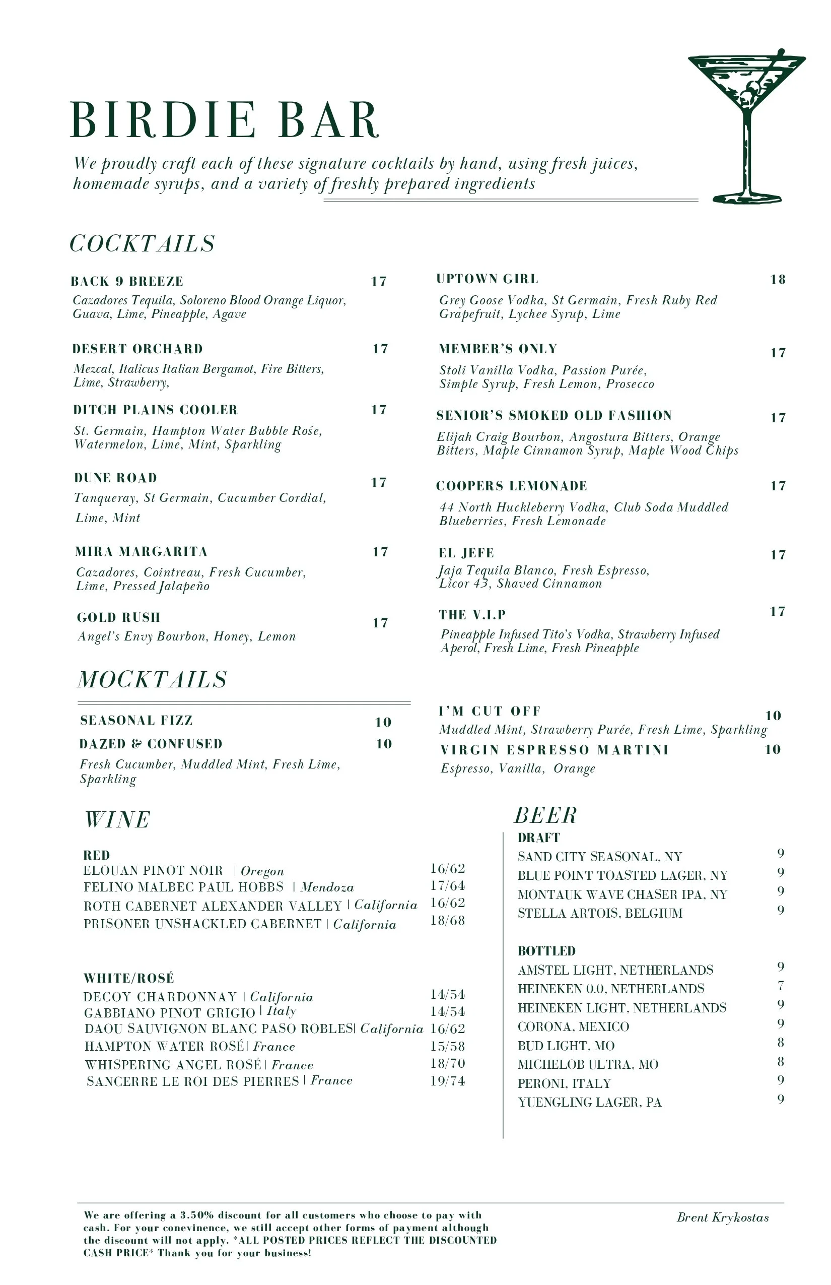 Menus — Birdie Bar New York