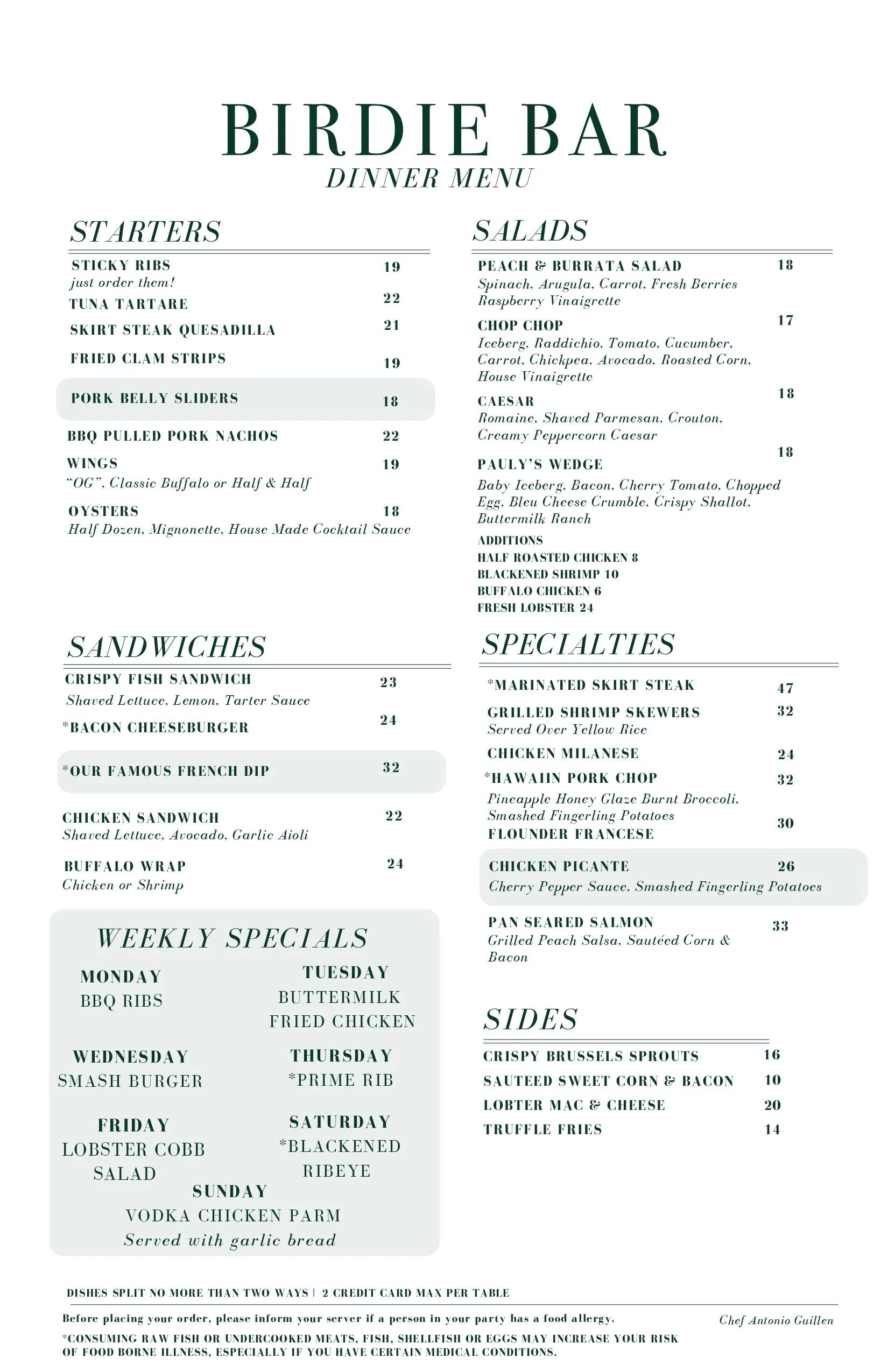 Menus — Birdie Bar New York