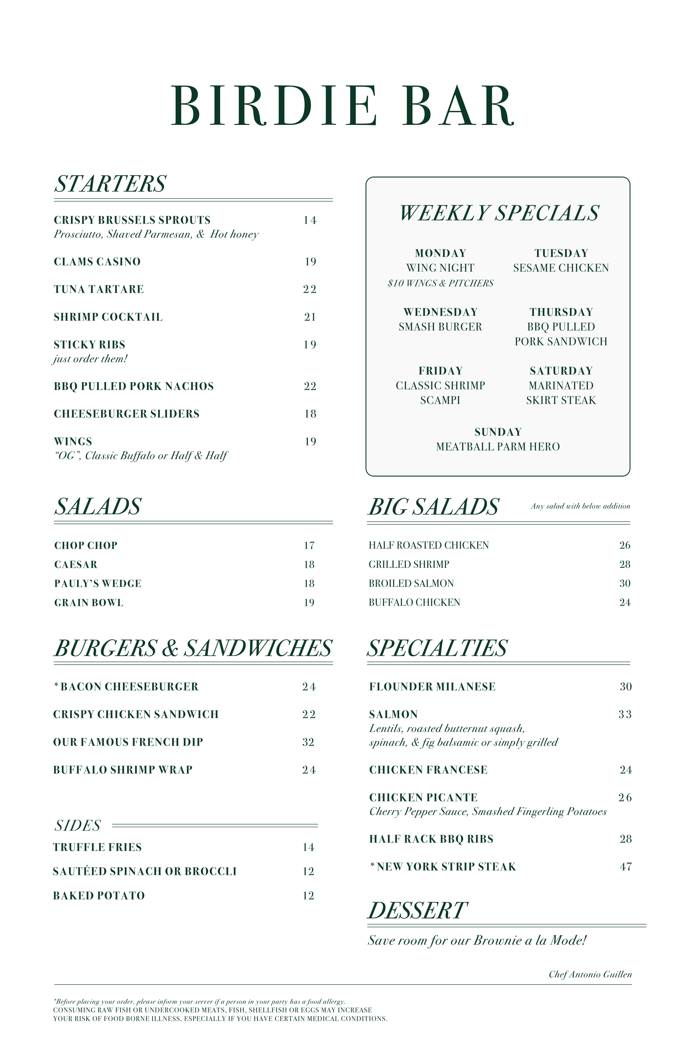 Menus — Birdie Bar New York