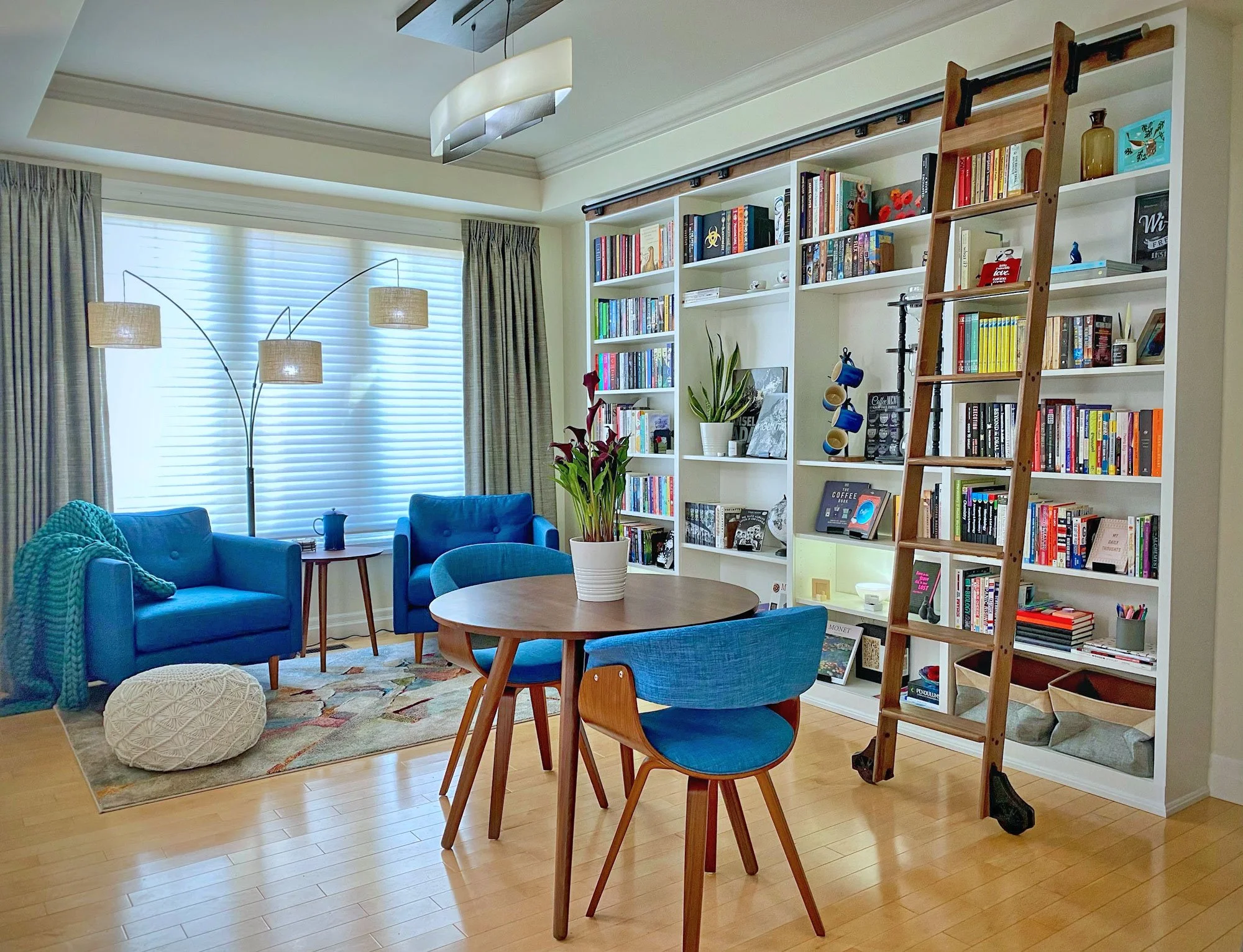 Walnut Rolling Library Ladder with Booky — Custom Ladder Company Ltd.